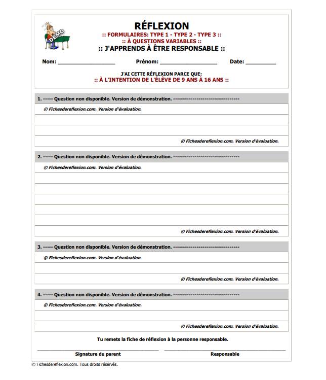 Fiches de réflexion pour l'élève
