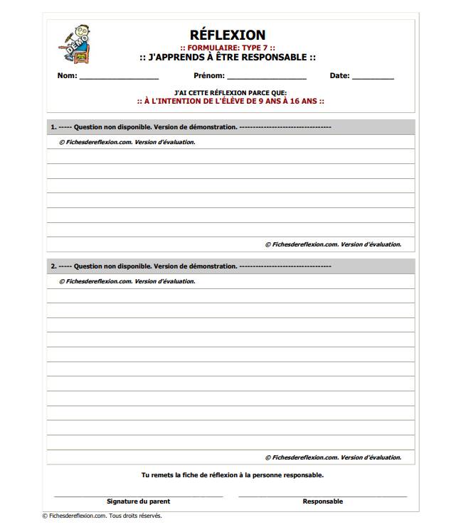 Fiches de réflexion pour l'élève