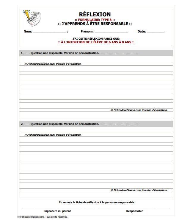 Fiches de réflexion pour l'élève